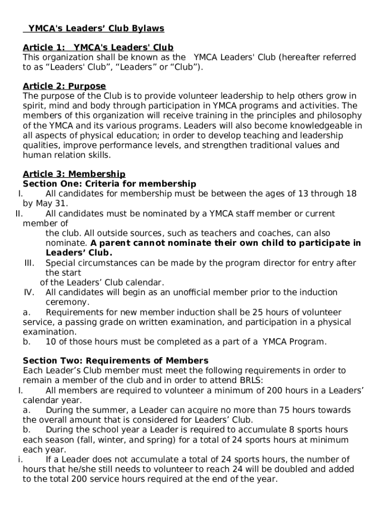 Siskey Family YMCA's Club Bylaws Doc Template | pdfFiller