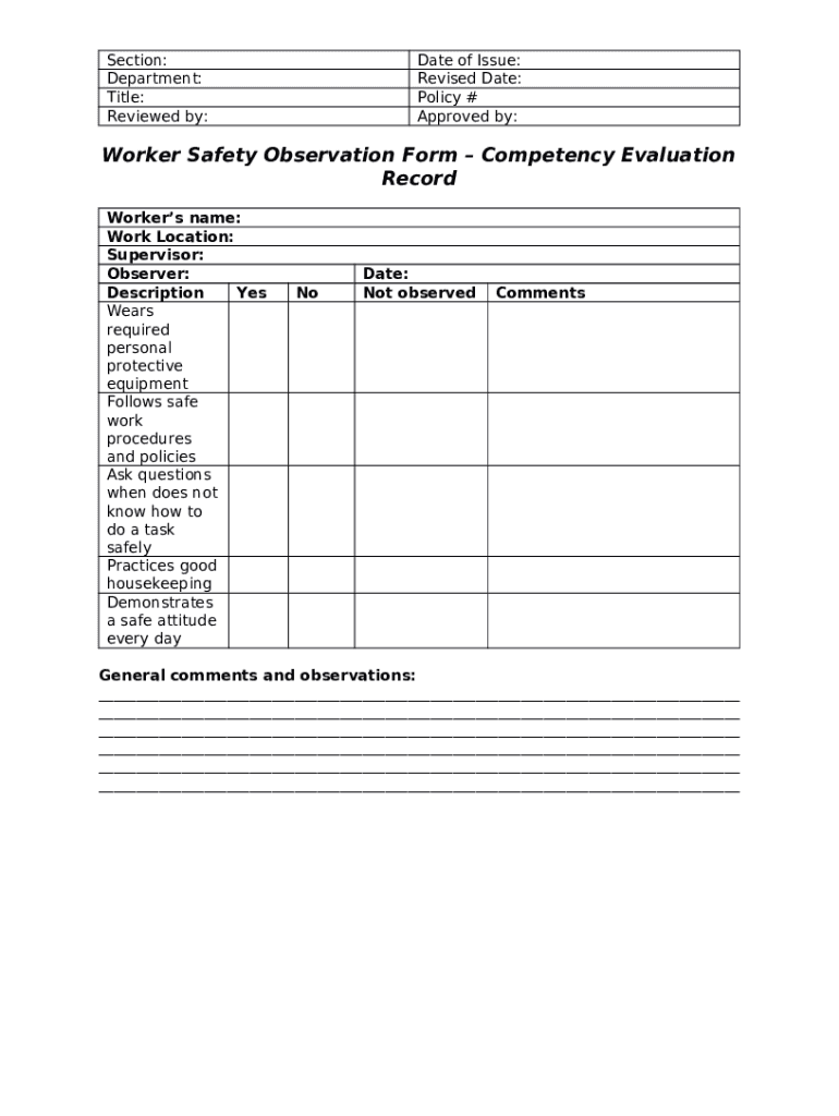 Sample Worker Safety Observation Competency Evaluation Record Doc ...