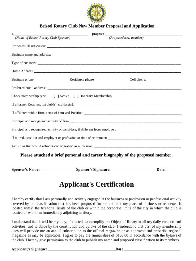 Bristol Rotary Club New Member Proposal and Application Doc Template ...