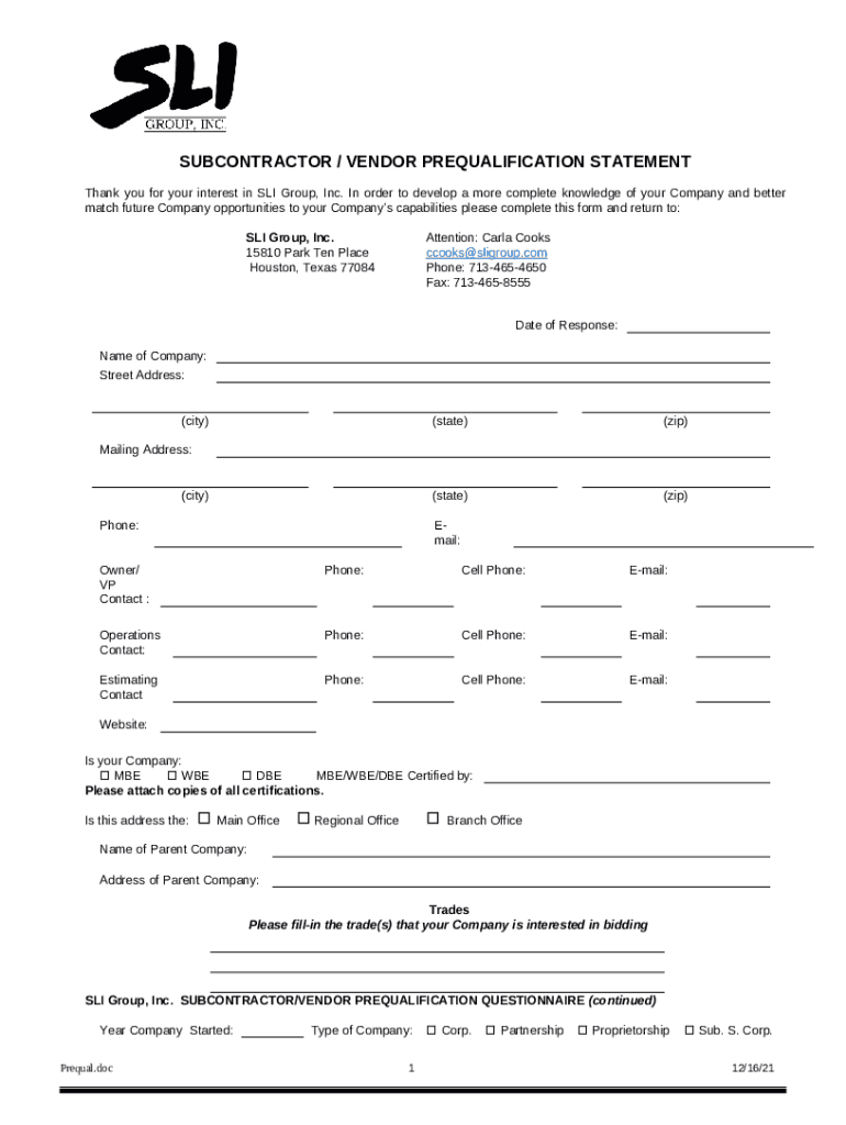 SUBCONTRACTOR / VENDOR PREQUALIFICATION STATEMENT Doc Template | pdfFiller