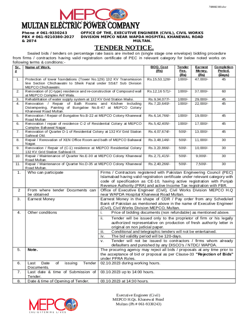 MEPCO TENDER NOTICE Doc Template | pdfFiller