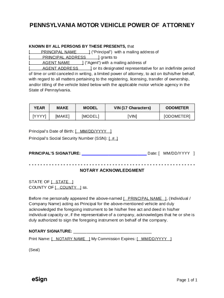Pennsylvania Motor Vehicle Power of Attorney - es Doc Template | pdfFiller