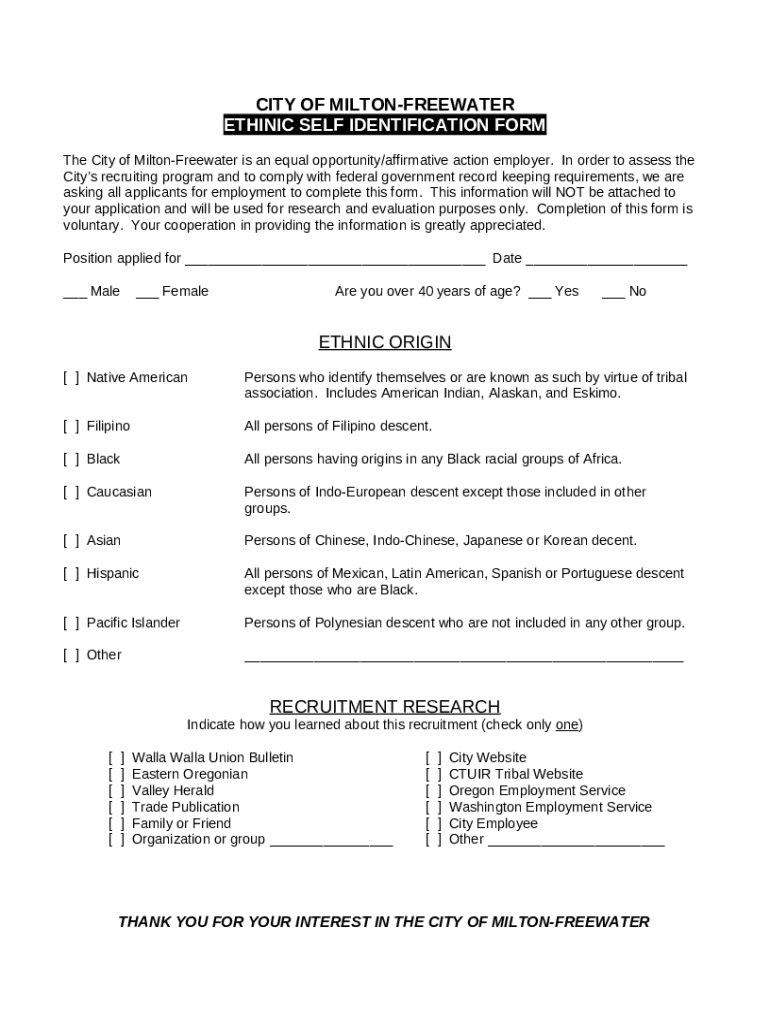 city of milton-freewater ethinic self identification Doc Template | pdfFiller
