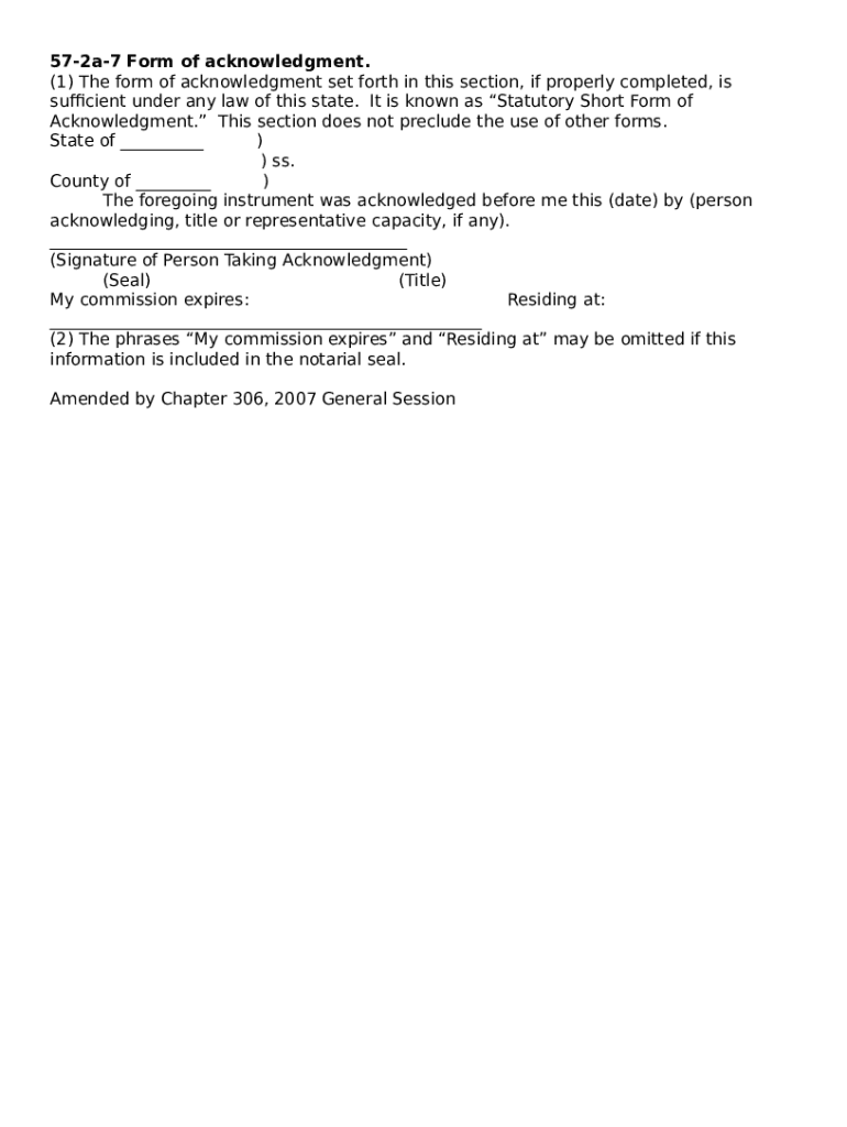 57-2a-7 of acknowledgment. (1) The ... - le utah Doc Template | pdfFiller