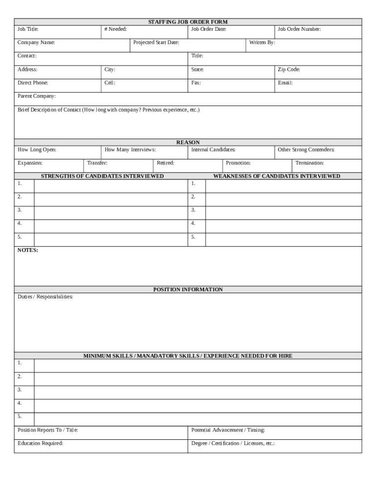 STAFFING JOB ORDER Doc Template | pdfFiller