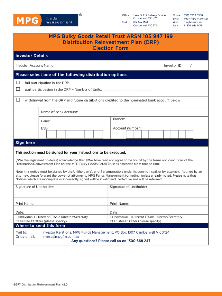 Fillable Online Distribution Reinvestment Plan (DRP) Election Form Fax Email Print - pdfFiller