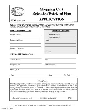 Fillable Online Shopping Cart Retention/Retrieval Plan APPLICATION Fax ...