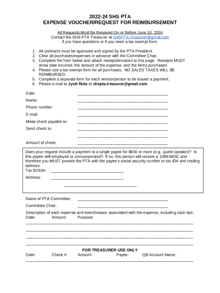 PTA SUPPORT REQUEST & REIMBURSEMENT Doc Template | pdfFiller