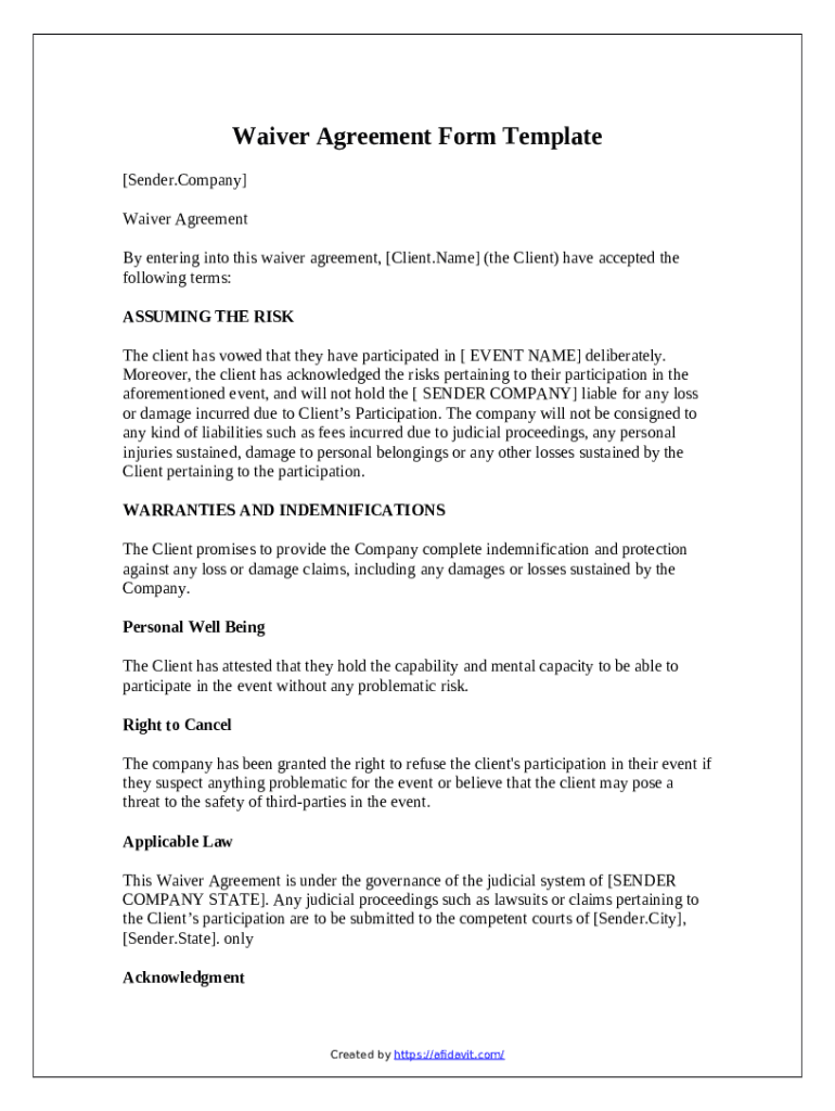 Waiver Agreement Template Doc Template | pdfFiller