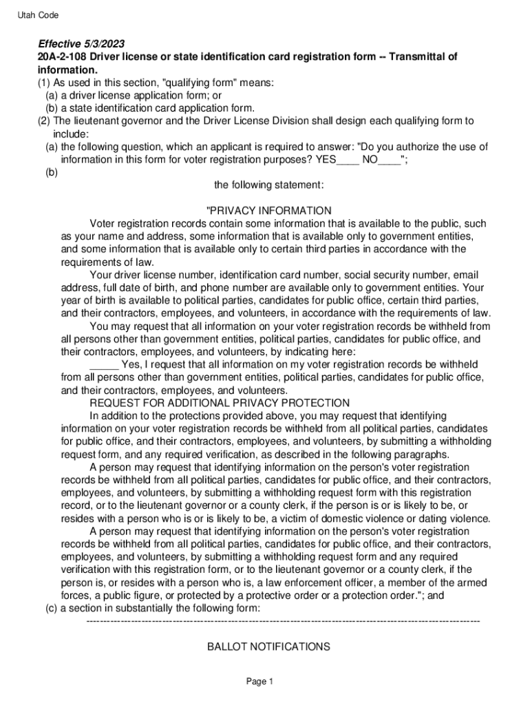 Fillable Online le utah Section 20A-2-108 - Driver license or state ...