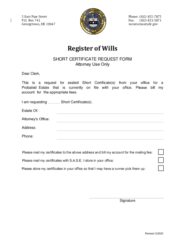 Fillable Online Register of Wills Short Certificate Request Form-For ...