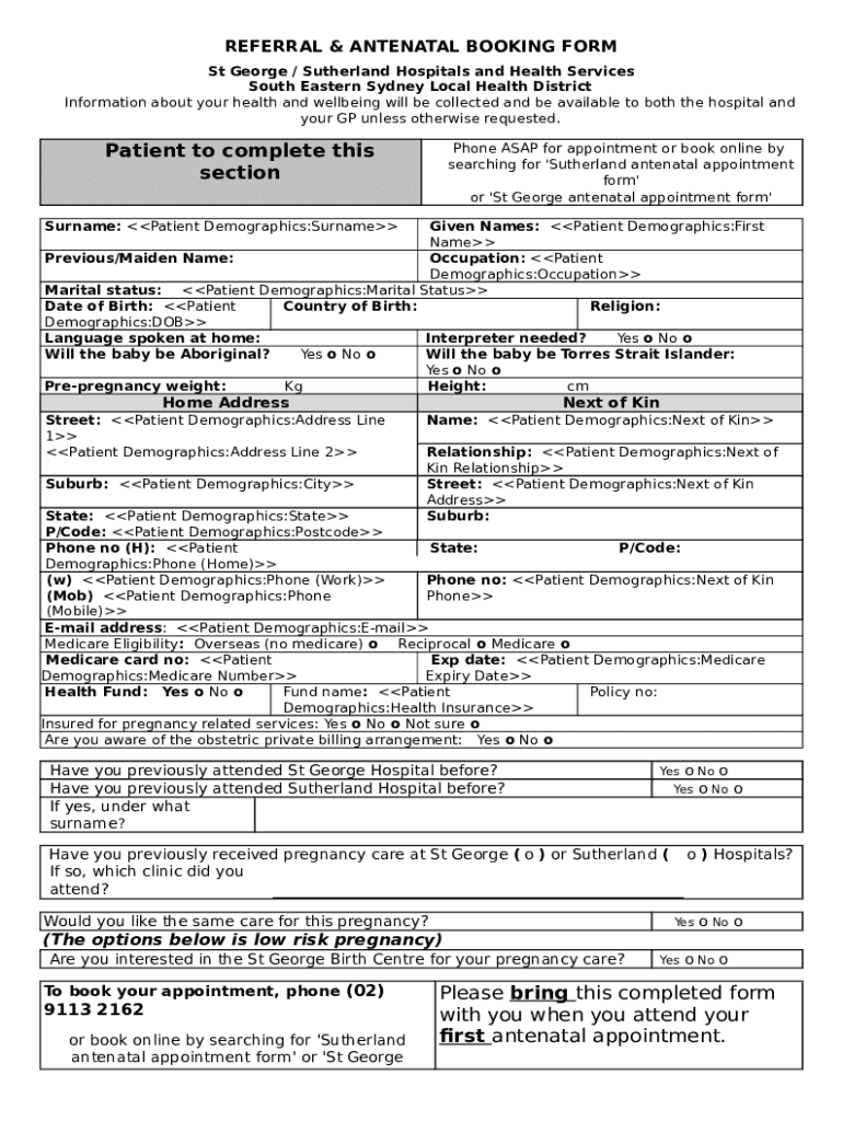 Antenatal Booking - Fill Online, Printable, ... Doc Template | pdfFiller