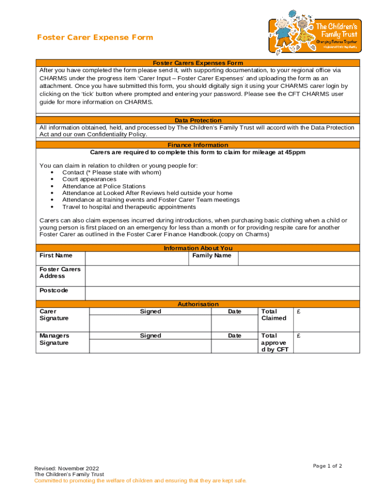 Foster Carer Exceptional Expense Doc Template | pdfFiller