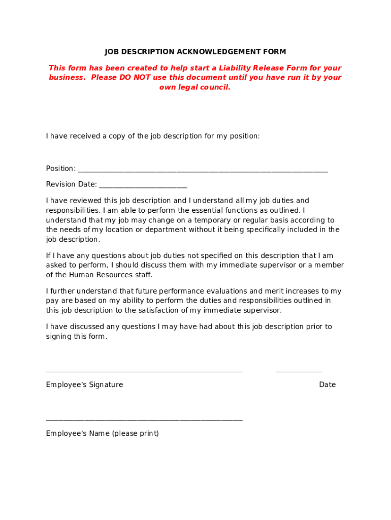 JOB-DESCRIPTION-ACKNOWLEDGEMENT-. ... Doc Template | pdfFiller