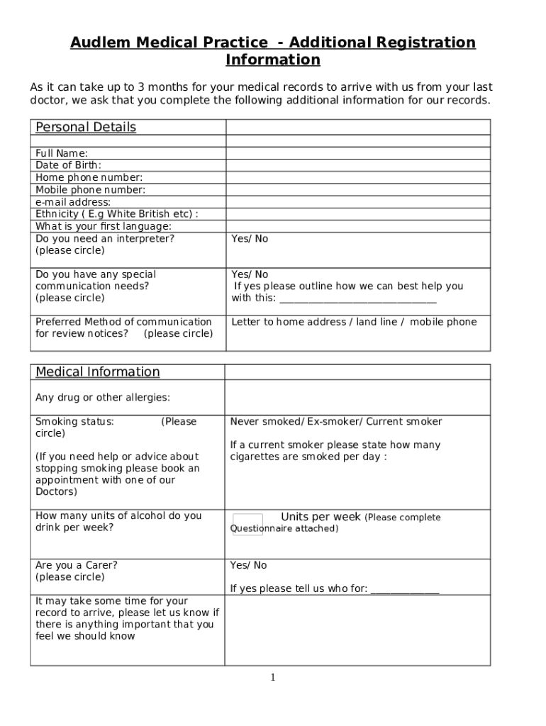 Audlem Medical Practice - Additional Registration Ination Doc Template | pdfFiller