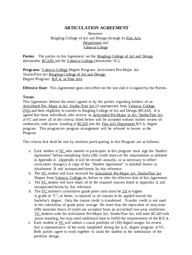 Ringling College of Art and Design Articulation Agreement Doc Template | pdfFiller