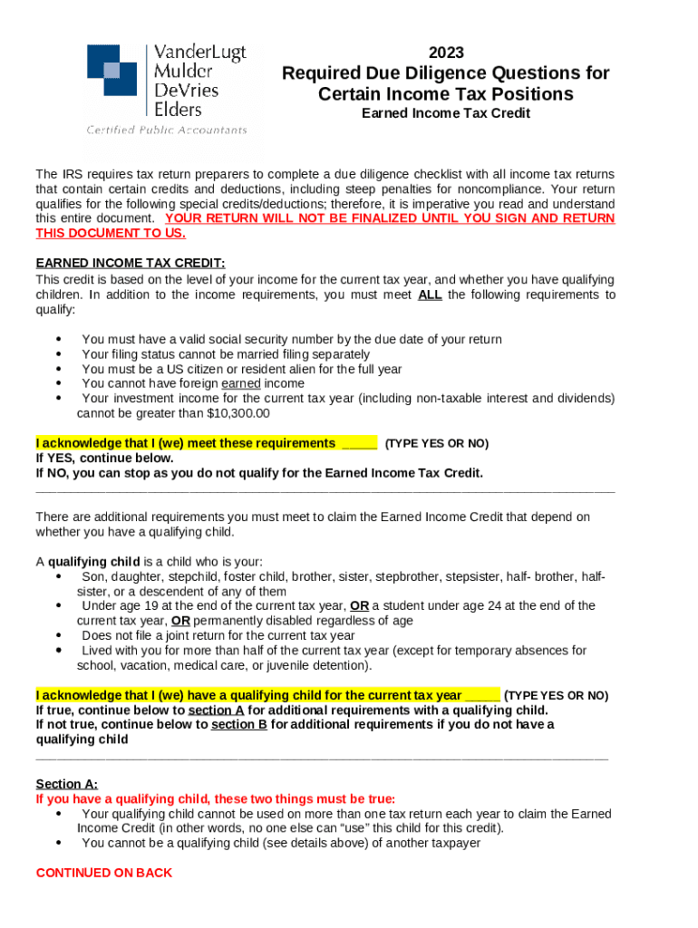 Required Due Diligence Questions for Certain Income Tax Positions Doc ...
