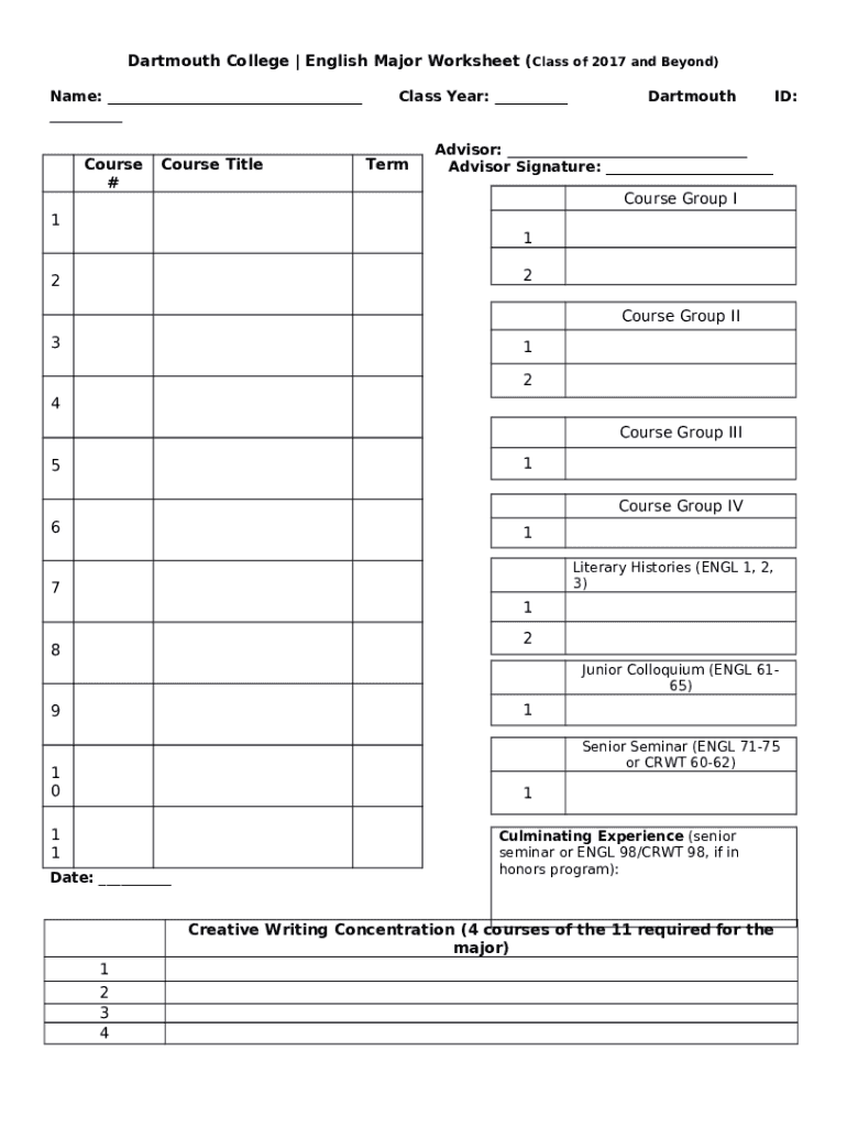 Get the free English Modified Major Worksheet (Class of ... - english ...