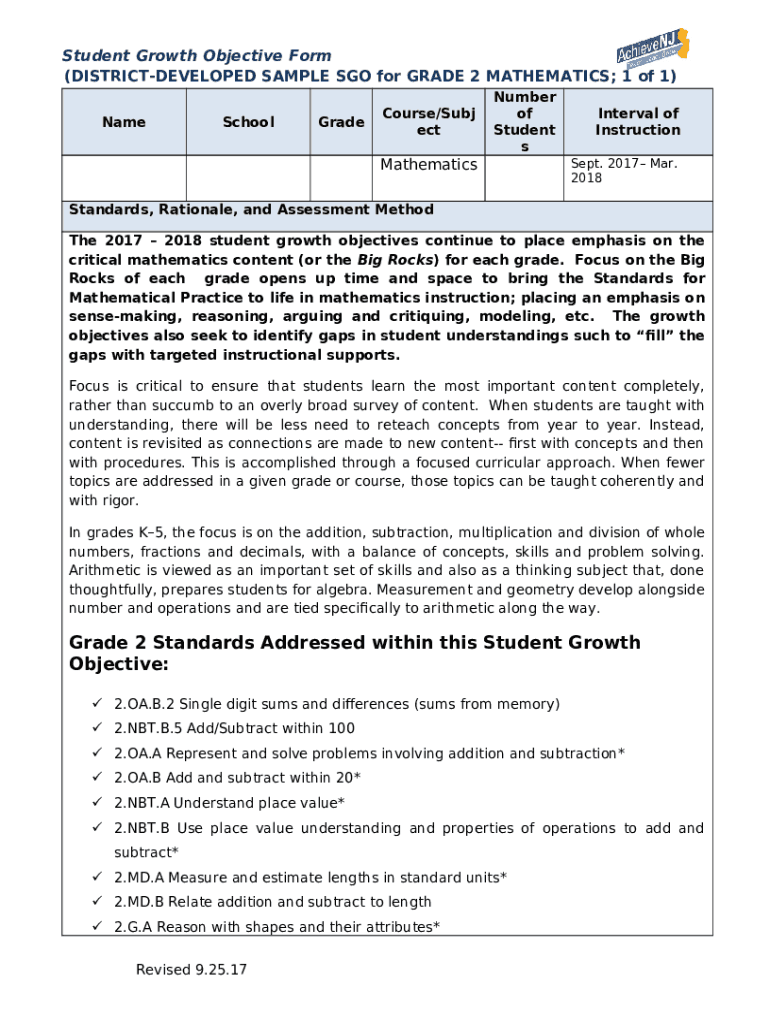 DISTRICT-DEVELOPED SAMPLE SGO for GRADE 2 MATH Doc Template | pdfFiller