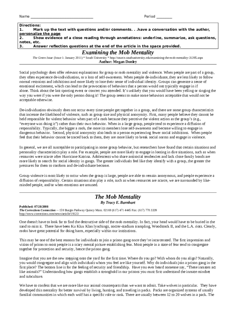 Examining the Mob Mentality Doc Template | pdfFiller
