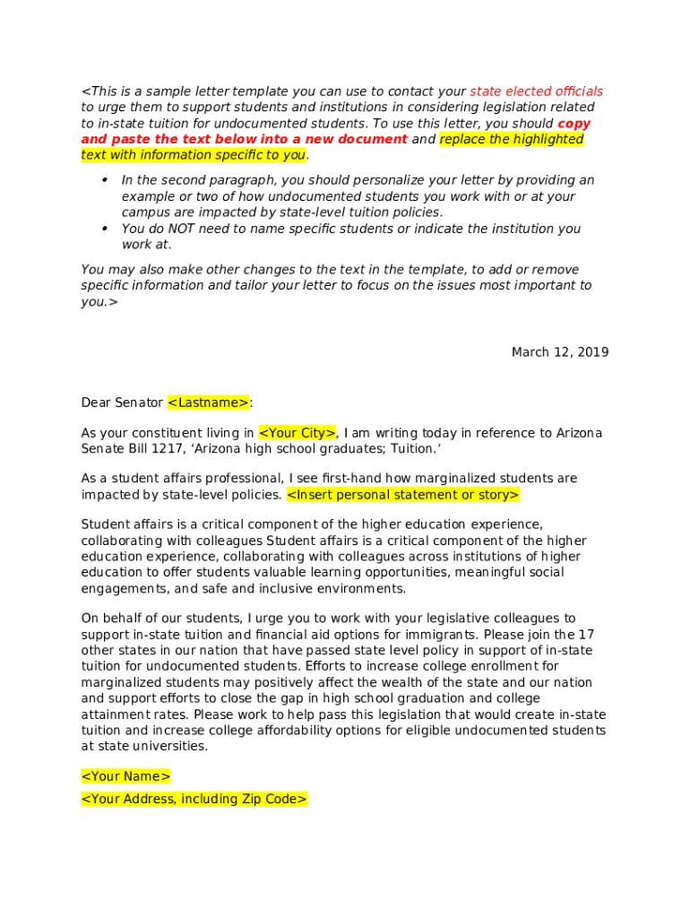 Sample Letter to Senators Doc Template | pdfFiller
