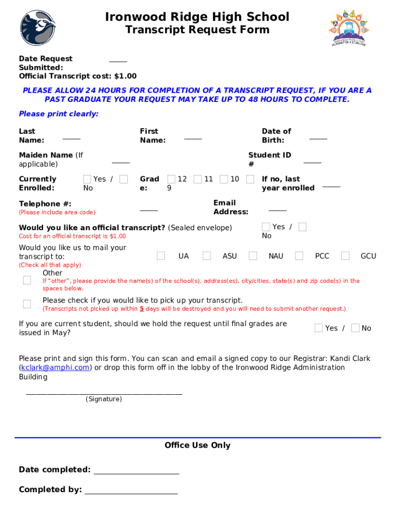 Ironwood Ridge High School Transcript Request Doc Template | pdfFiller