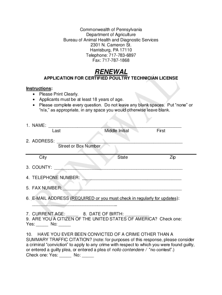 Fillable Online Application for Certified Poultry Technician License ...