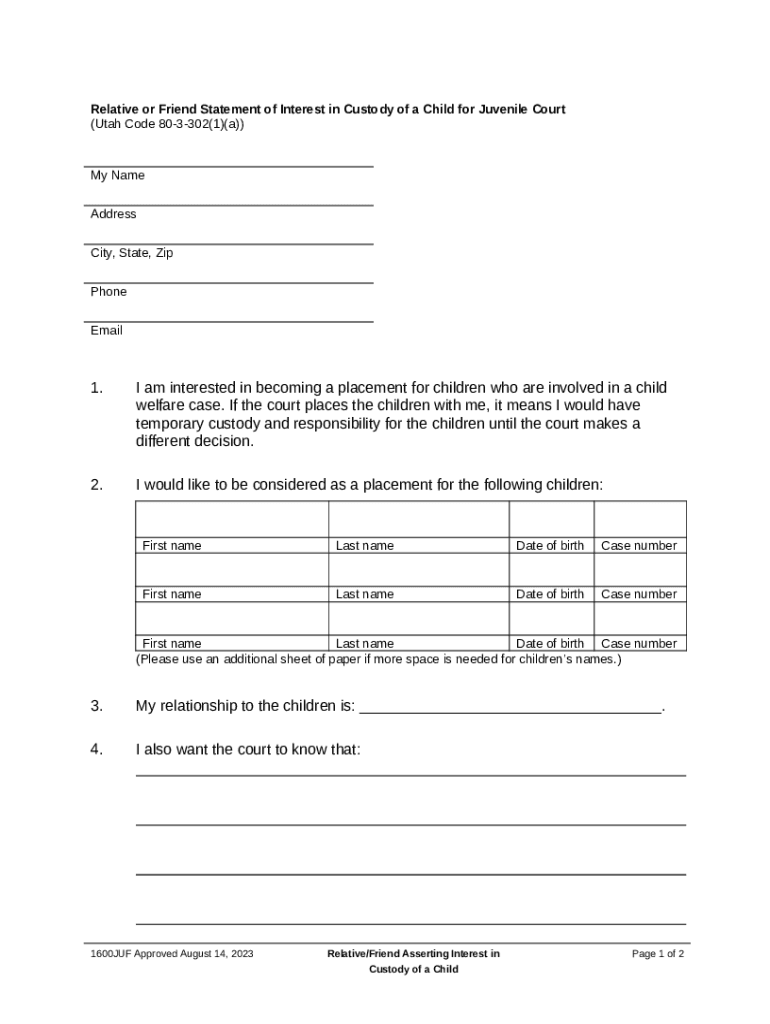 Relative or Friend Statement of Interest in Custody of a Child for ...
