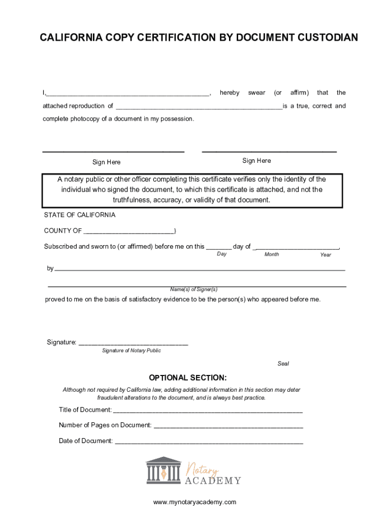 Fillable Online California Copy Certification By Document Custodian ...