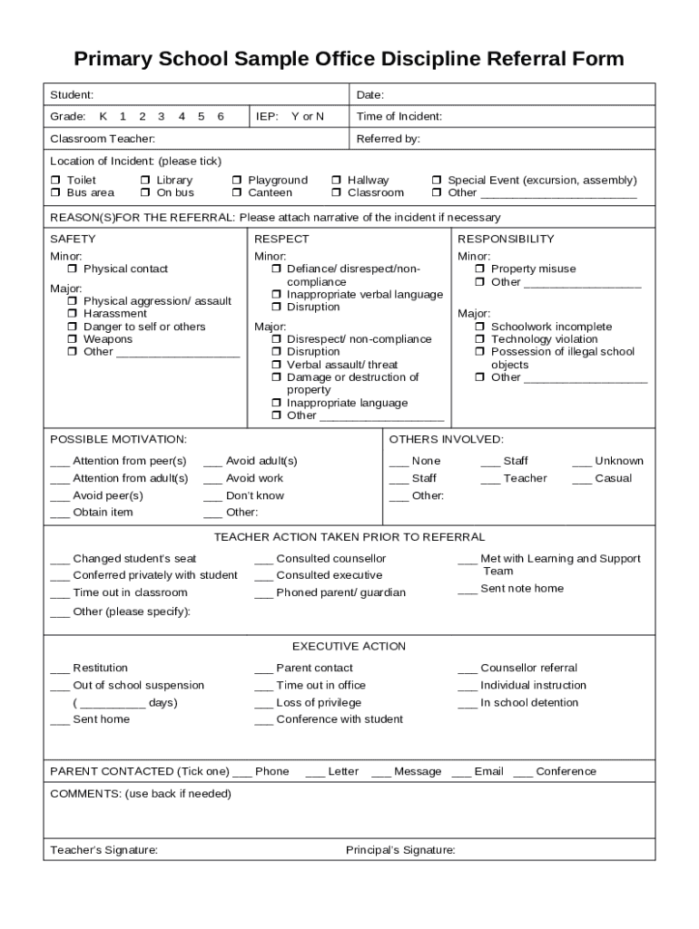 Primary School Sample Office Discipline Referral Doc Template | pdfFiller