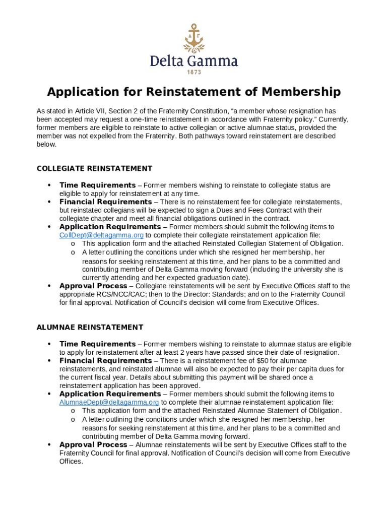 Reinstated Alumnae Statement of Obligation Doc Template | pdfFiller