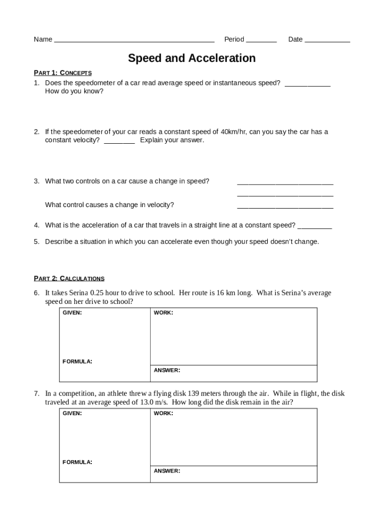 Speed and Acceleration Worksheet Doc Template | pdfFiller