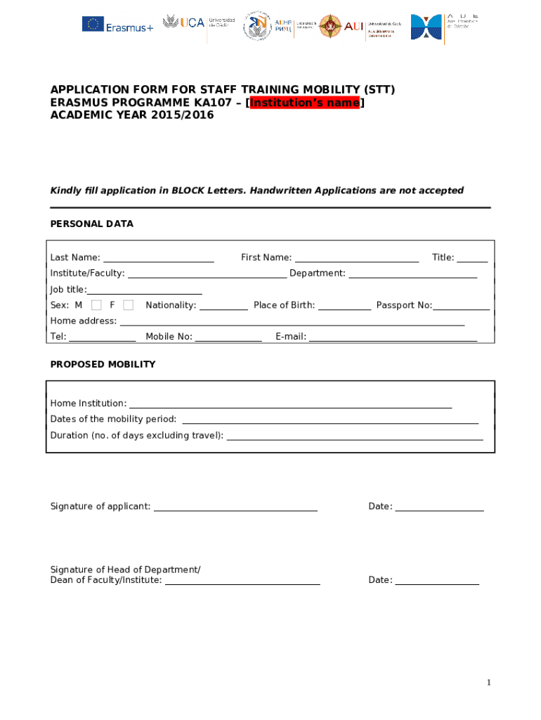 APPLICATION FOR STAFF TRAINING MOBILITY (STT) Doc Template | pdfFiller