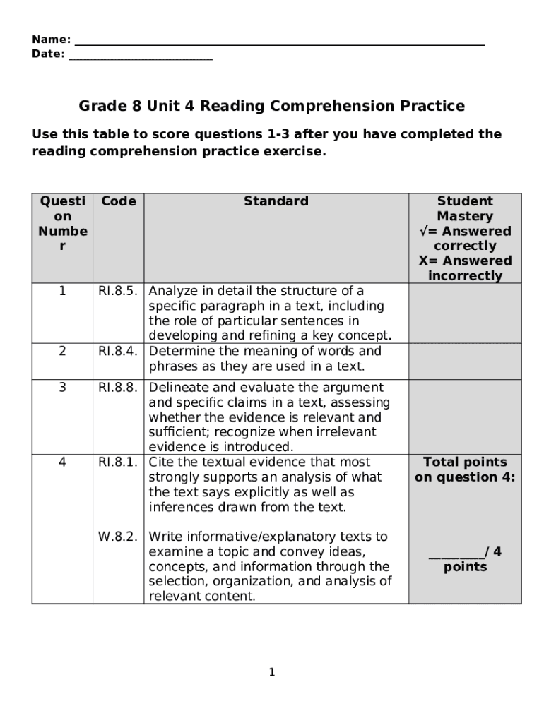 Grade 8 Reading Practice Test Doc Template | pdfFiller