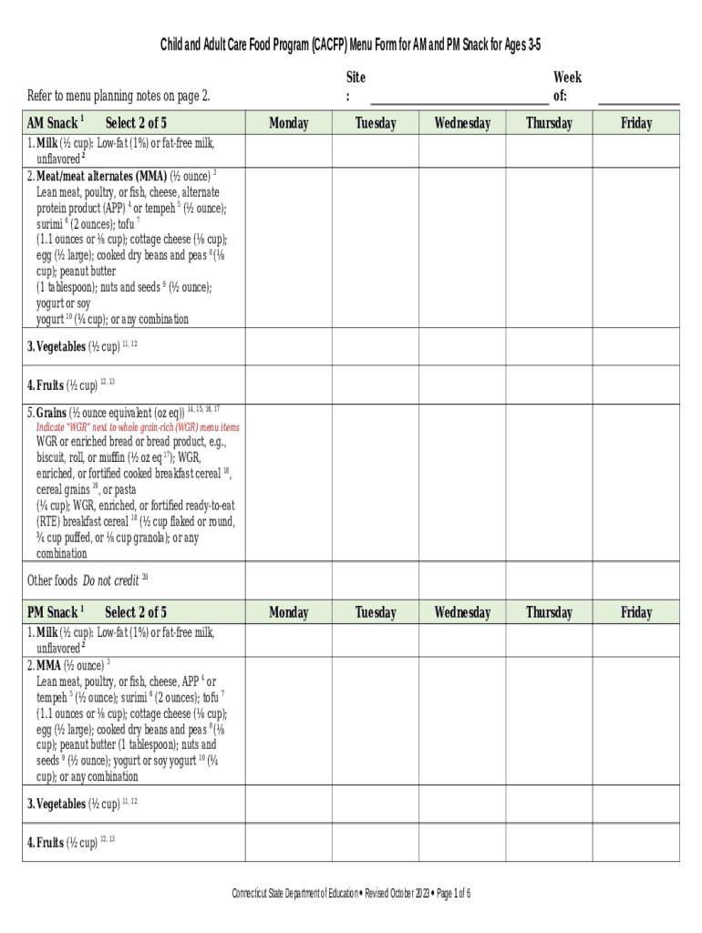 CACFP Menu for AM Snack and PM Snack for Ages 3-5 Doc Template | pdfFiller