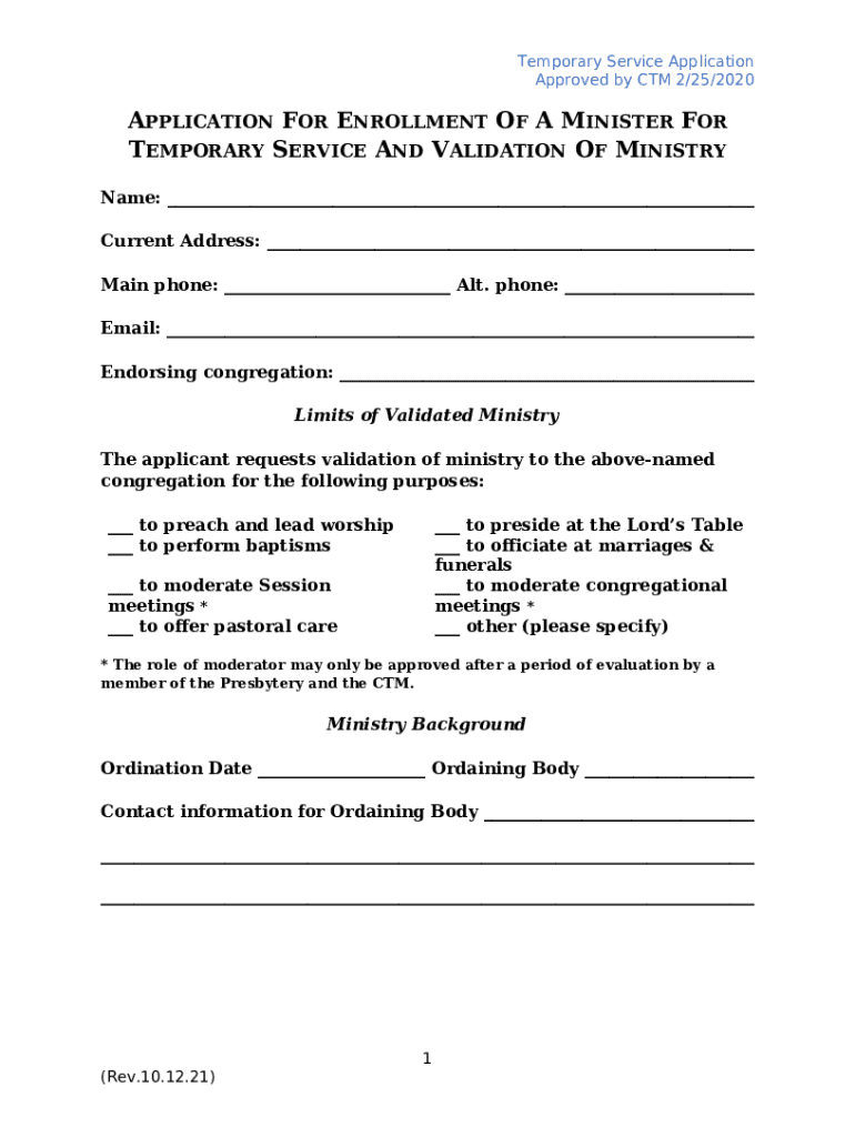 Packet for Churches Seeking an Interim/Transitional Pastor Doc Template | pdfFiller