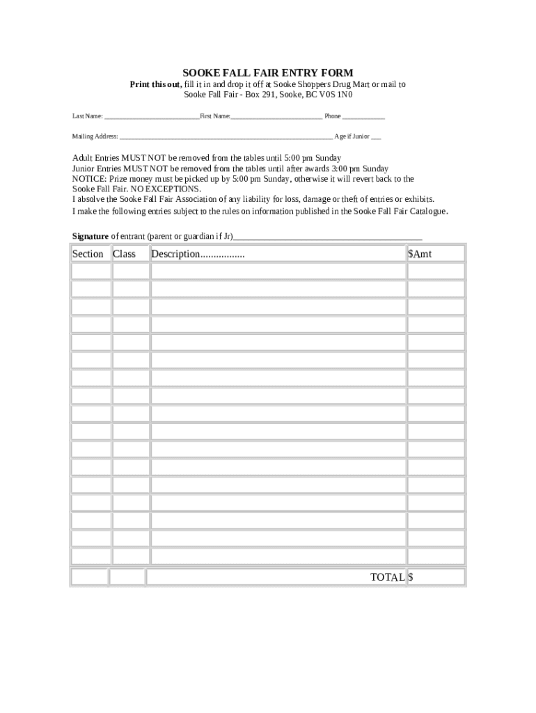 SOOKE FALL FAIR ENTRY Doc Template | pdfFiller