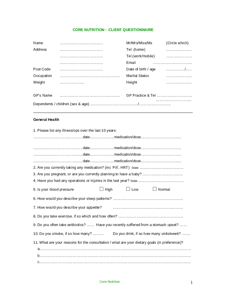 CORE NUTRITIONCLIENT QUESTIONNAIRE Doc Template | pdfFiller