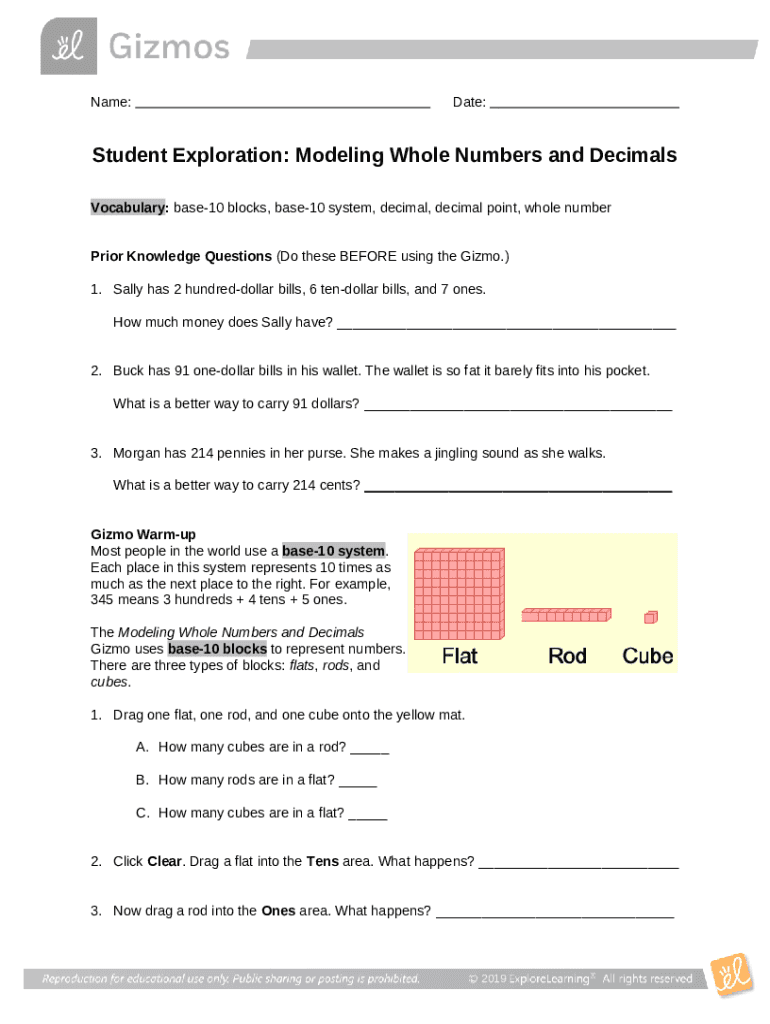 Adding Whole Numbers and Decimals (Base-10 Blocks) Doc Template | pdfFiller