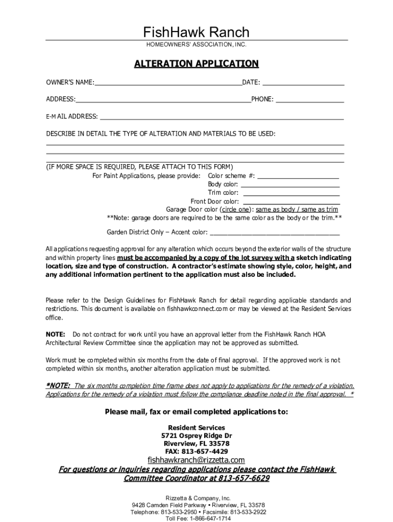 2019-2025 Form FL FishHawk Ranch Homeowners Association Alteration Application Fill Online ...
