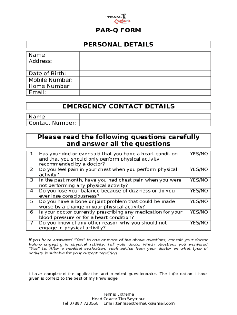 Personal Trainer PAR-Q Template (FREE) Doc Template | pdfFiller