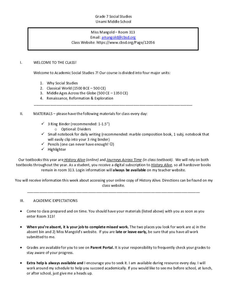 Fillable Online Grade 7 Social Studies Unami Middle School Fax Email ...