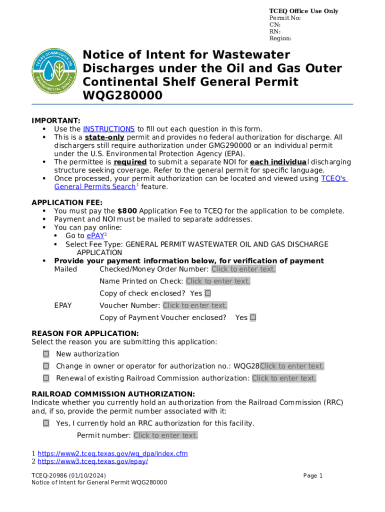Notice of Intent (NOI) WQG28. NOT under TPDES General Permit TXG110000 Doc Template | pdfFiller