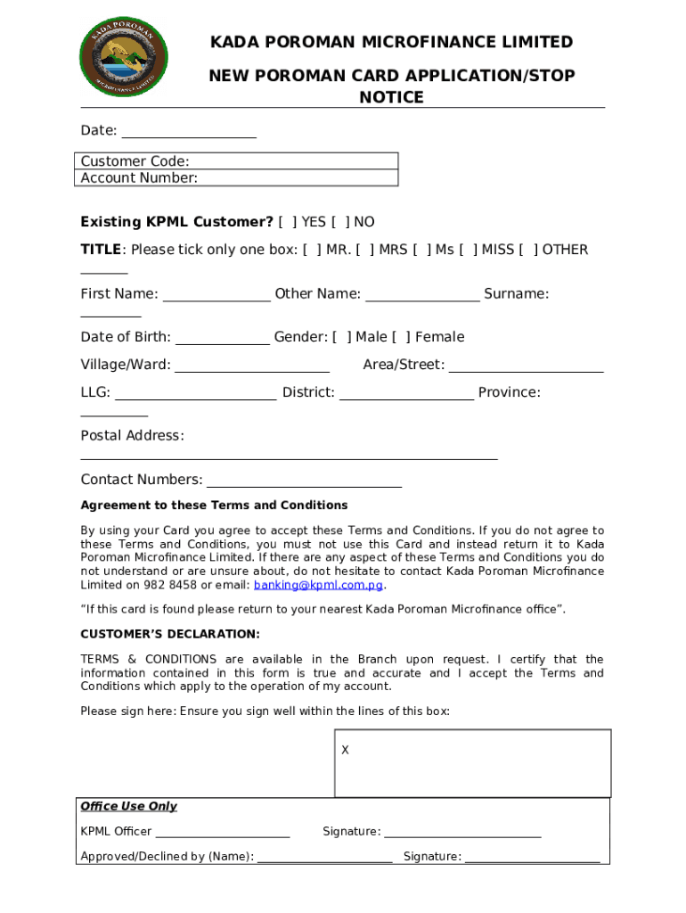 Poroman Card Application / Stop Notice Doc Template | pdfFiller