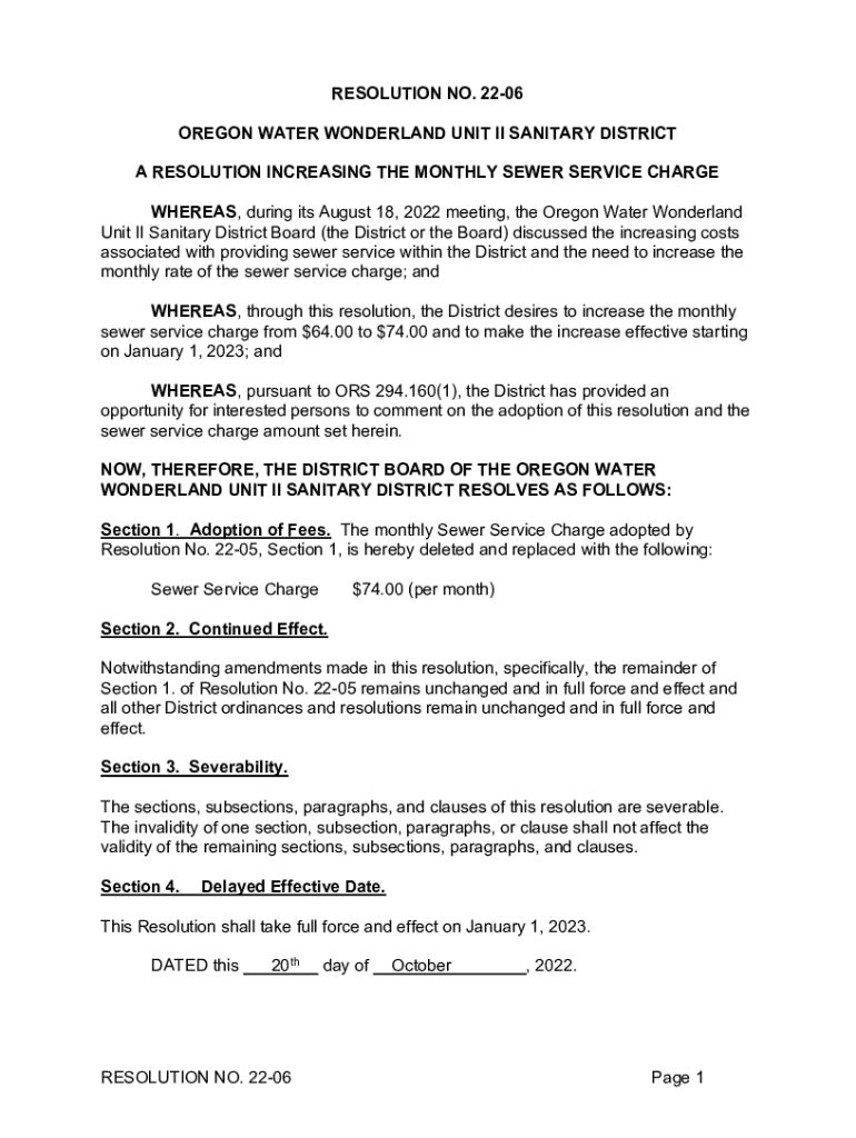 Fillable Online RESOLUTION NO 22-06 INCREASING MONTHLY SEWER SERVICE ...