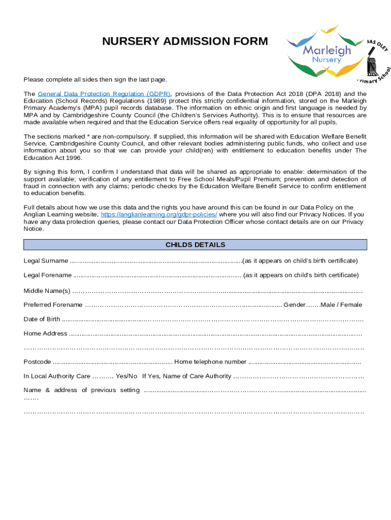 Marleigh Nursery Admission Doc Template | pdfFiller