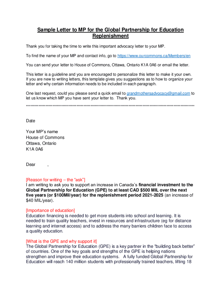 Fillable Online Sample Letter to MP for the Global Partnership for ...