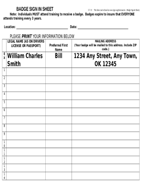 Training Badge Sign-In Sheet 5-7-132 Doc Template | pdfFiller
