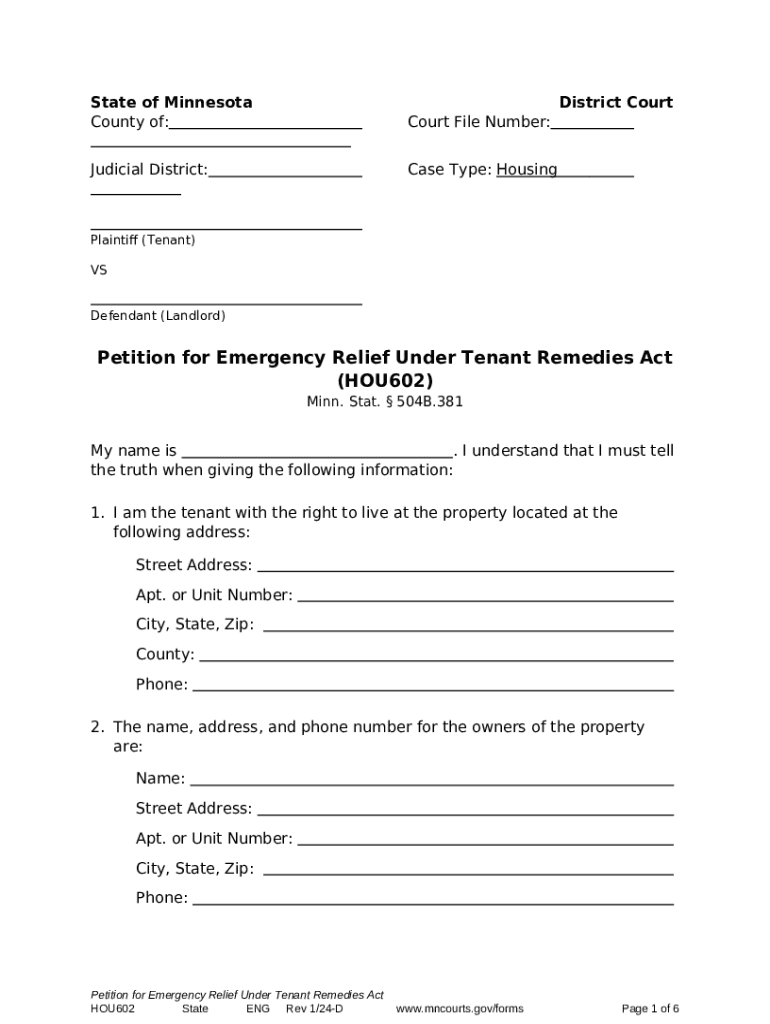 : HOU602 Petition for Emergency Relief Under Tenant ... Doc Template | pdfFiller