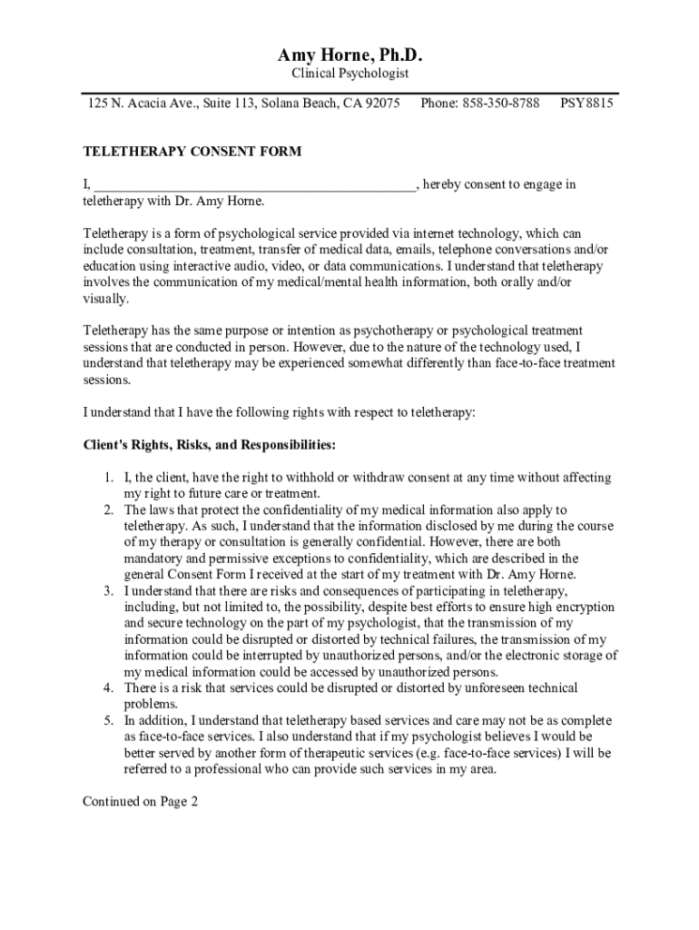 Fillable Online Therapist in San Diego, California Amy Horne, LMFT Fax Email Print - pdfFiller